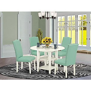 East West Furniture SUEN5-LWH-57 5 Piece Dining Room Table Set Includes a Round Dining Table with Dropleaf & Shelves and 4 Pond Faux Leather Upholstered Chairs, 42x42 Inch, Linen White