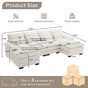 GNIXUU 110" Sectional Sofa Cloud Couch for Living Room, Modern Chenille U Shaped Couch, Comfy Modular Sofa Sleeper with Double Chaise & Memory Foam(Beige)