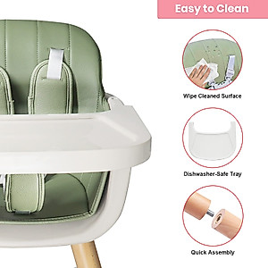 Foho Baby High Chair, Perfect 3 in 1 Convertible Wooden High Chair with Cushion, Removable Tray, and Adjustable Legs for Baby & Toddler (Green)
