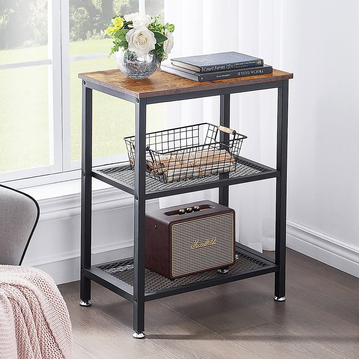 VECELO Tall End Side Tables,30" Height Nightstand with 3-Tier Storage Shelf for Bedroom Living Room, Easy Assembly,Industrial Style, 1-Pack, Retro Brown