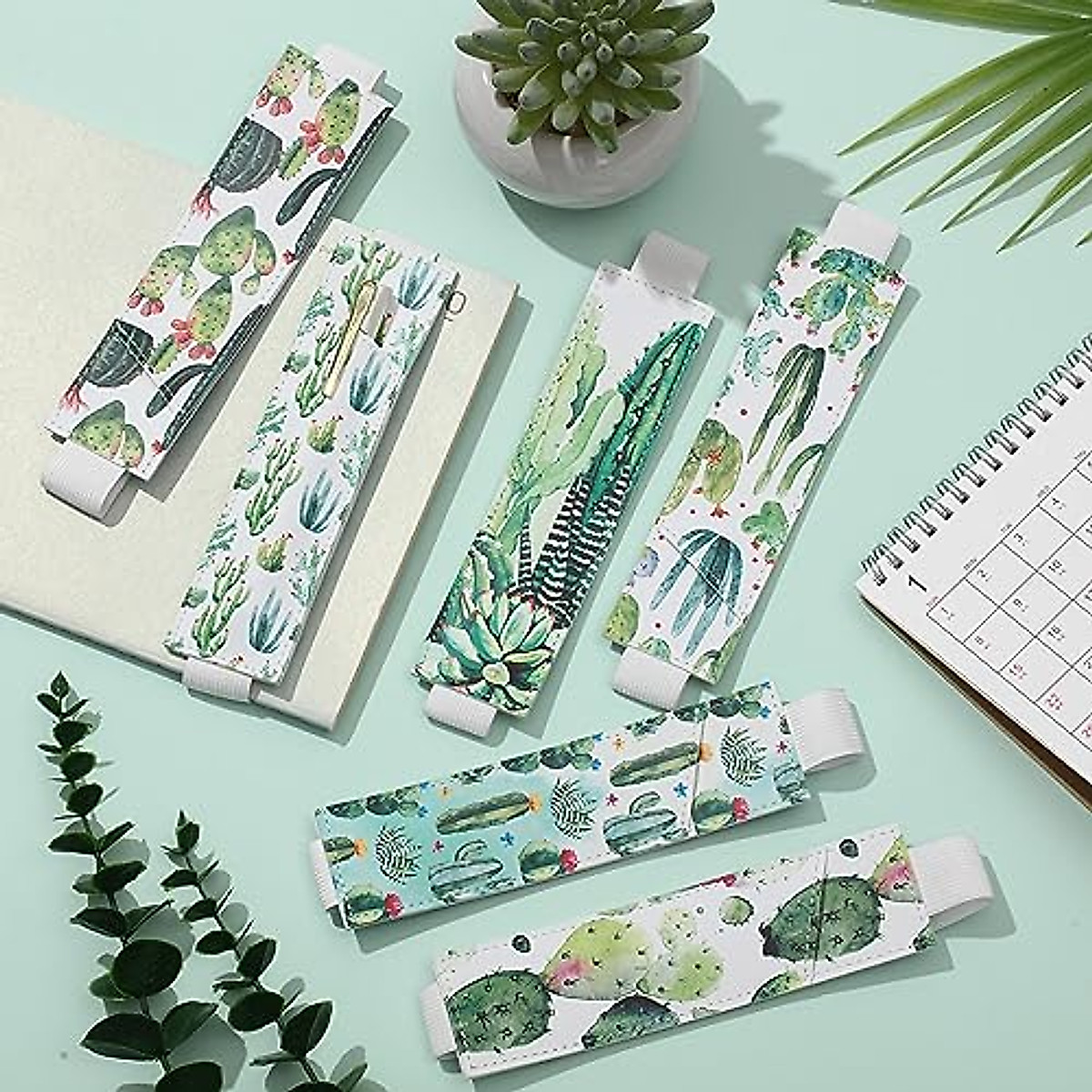 Qilery 6 Pcs Elastic Band Pen Holder for Notebook Boho Cactus Leaves Minimalist PU Leather Pen Sleeve Pouch Adjustable Pen Case for Hardcover Journals Planners Back to School Gift (Cactus)