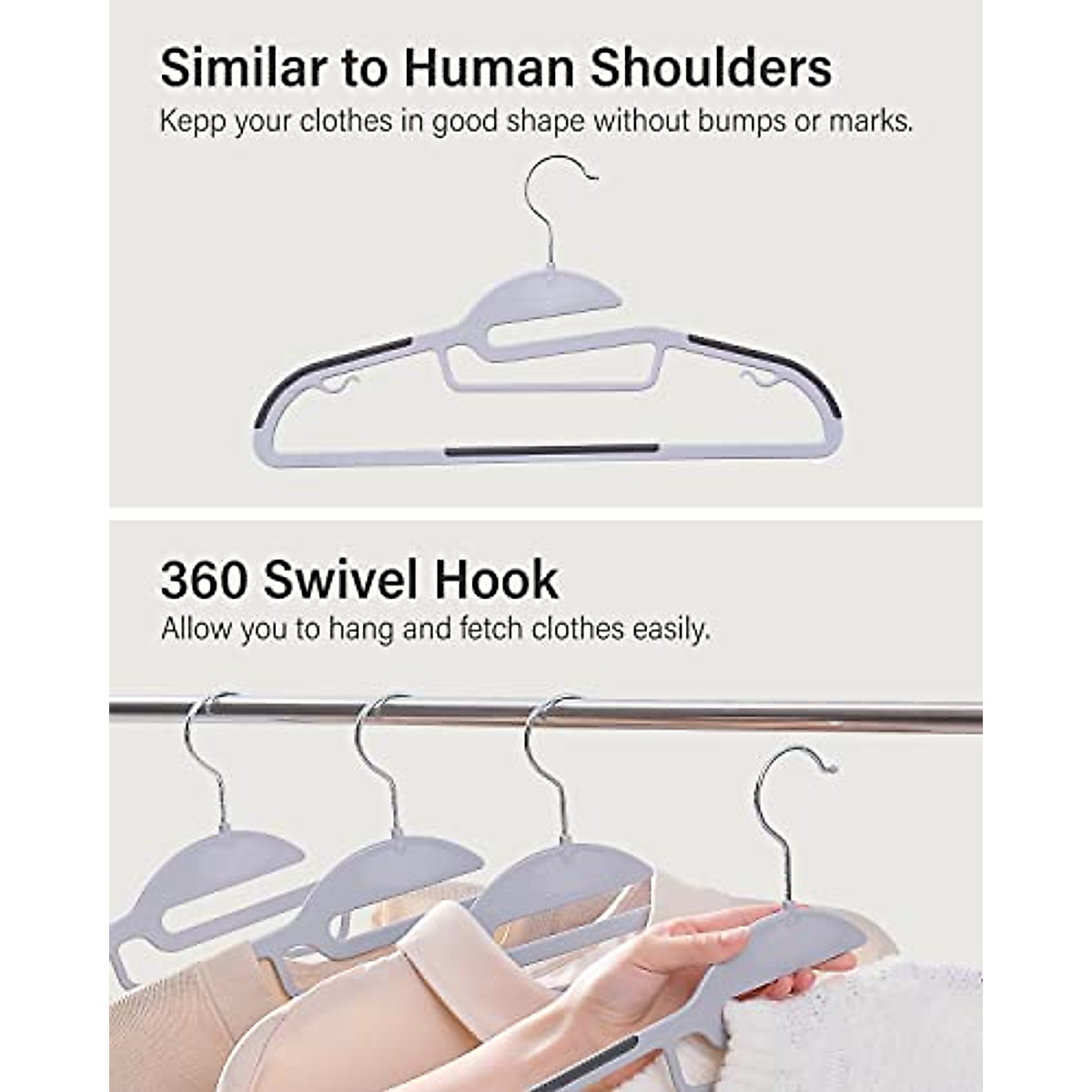 Plastic Hangers 60 Pack, Premium Quality Plastic Suit Hangers, S-Shaped Opening, Non-Slip, Space-Saving, 360º Swivel Hook, 16.5 Inches Long, 0.2" Thickness Super Lightweight Organizer