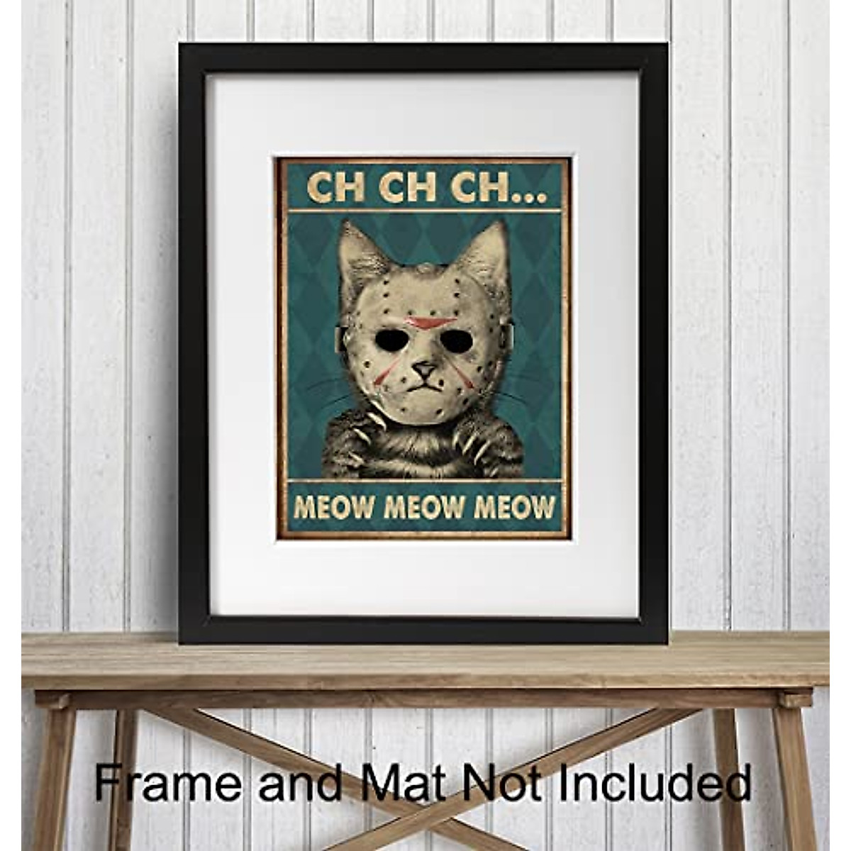 Yellowbird Art & Design Cat Wall Art & Decor - Friday the 13th Wall Art - Halloween Wall Art - Tabby cat Wall Art - Jason Horror Movie - Funny Cat Gifts for Men - Scary Cat Poster - 8x10 UNFRAMED