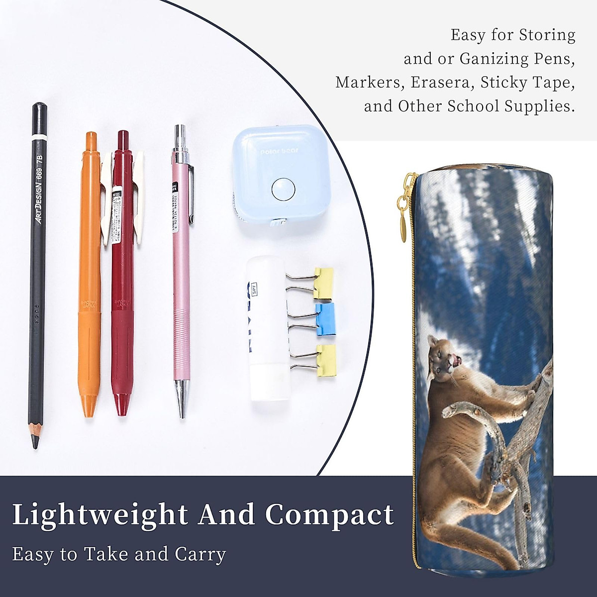 OUSIKA Panther Mountain Lion Round Pencil Bag Waterproof Leather Pen Case Makeup Bag Travel Toiletry Bag Organizer Case For Men Women