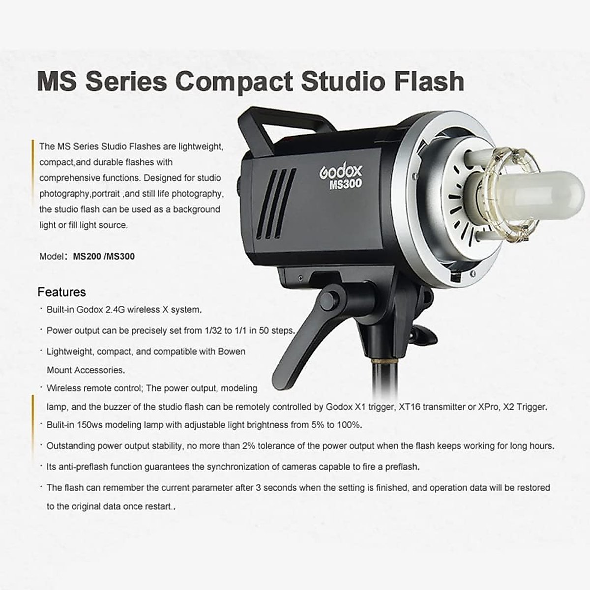 Godox MS300 300W 2.4G Built-in Wireless Receiver Lightweight, Compact and Durable Studio Flash Bowens Mount and 150W Modelling Lamp with Standard Reflective