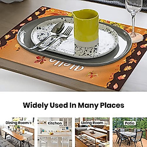 Thanksgiving Placemats Set of 6, Fall Pumpkin Sunflower Heat Resistant Dining Table Placemats, Autumn Leaf Macrame Square Washable Wipeable Linen Fabric Cloth Place Mats for Holiday Kitchen Decor