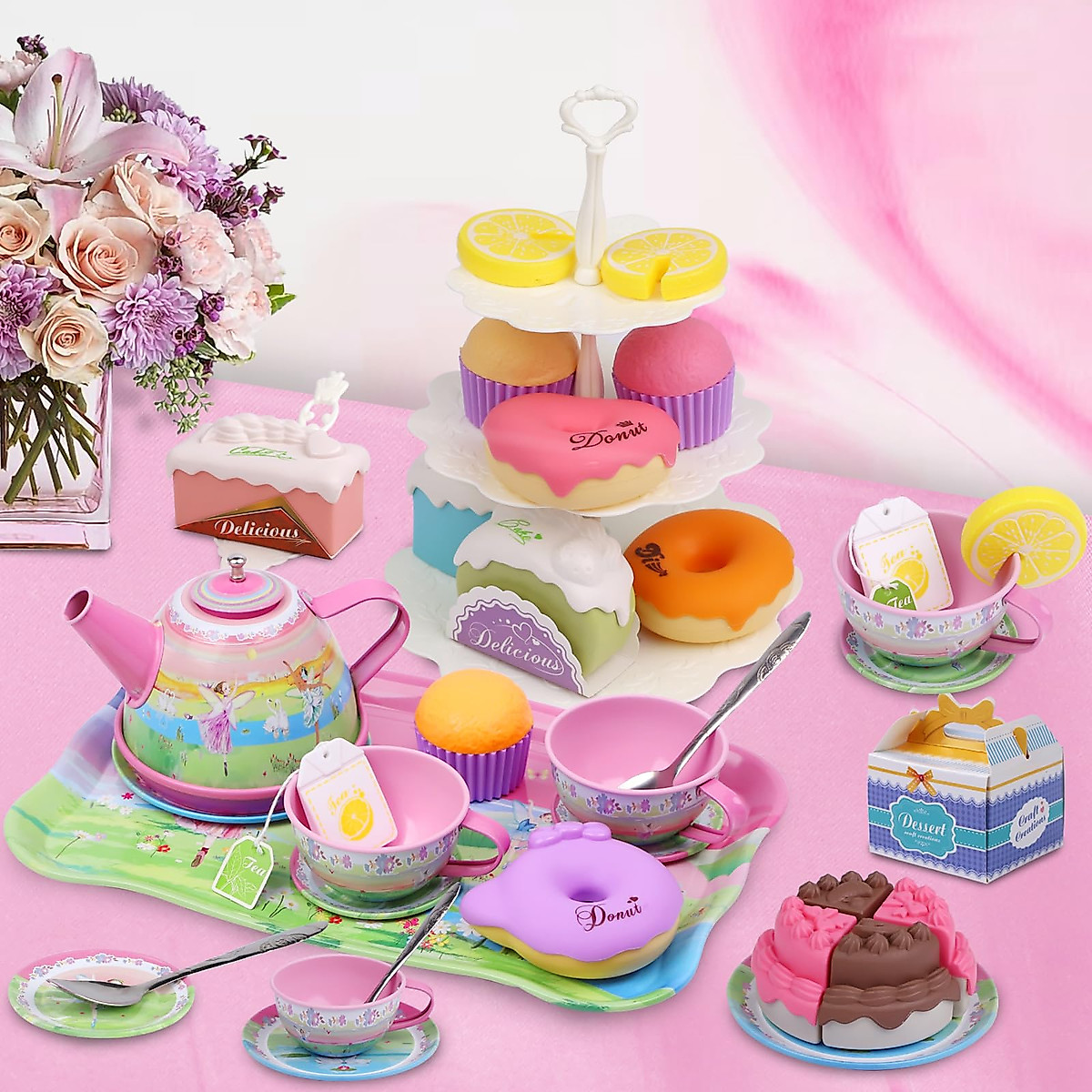 Tea Set for Little Girls,PRE-WORLD 50PCS Princess Tea Party Time Toy Including Dessert,Cookies,Doughnut,Teapot Tray Cake, Tablecloth & Carrying Case,Kids Kitchen Pretend Play for Girls Boys Age 3-6