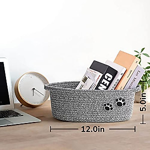 HiChen Small Cute Decorative Basket, Toy Basket for Dogs, Cats, Baby Nursery Storage Basket for Towels, Diapers, Woven Rope Basket for Shelf, 12 x 8 x 5 inches, Grey