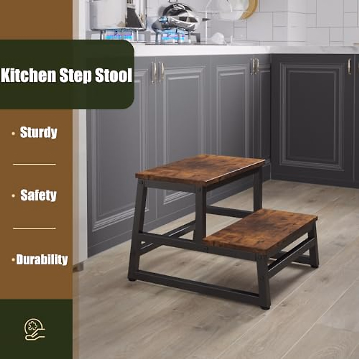 VonDream 2 Tier Step Stools for Adults with Non-Slip Stickers, Heavy Duty Bed Steps for High Beds,Kitchen Step Stool,Wide Wooden Step Stools for Kids, Step Stool for RV