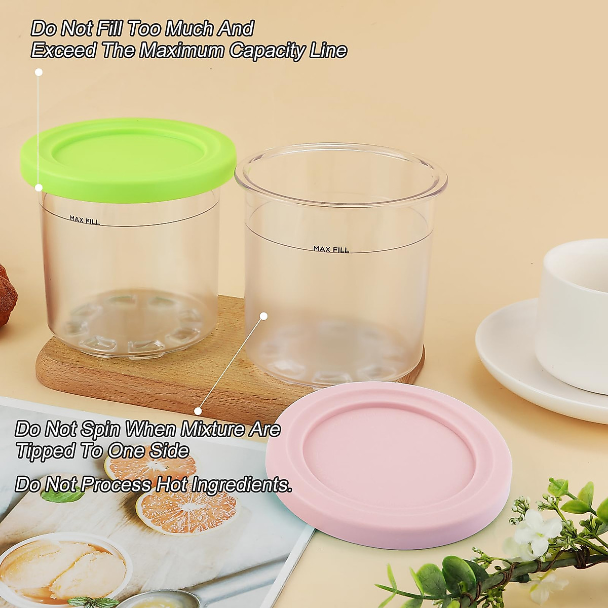 2pcs Replacement Containers for Ninja Creami Pints and Lids, Reusable Ice Cream Containers with Lids Creami Containers Compatible with NC301 NC300 NC299AMZ Series Ice Cream Maker (Pink, Green)