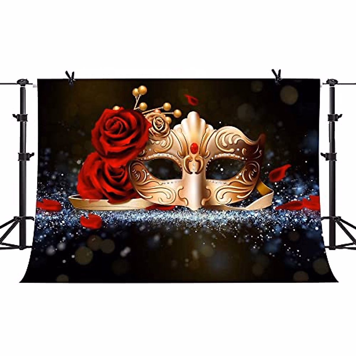 Masquerade Party Backdrops Golden Mask Red Rose Backdrop for Fiesta Mardi Gras Event Dance Photo Background Birthday Studio Photo Video Shoot Props (Vinyl-7x5ft)