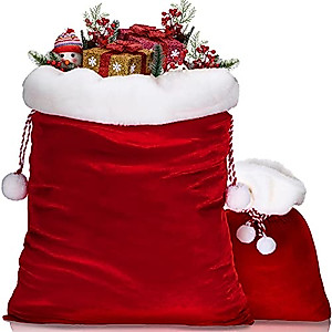 2 Pieces Christmas Velvet Bags with Drawstring in 2 Size Large Christmas Santa Gift Sack for Xmas Playing Santa Present Toy (Red, Simple Style)