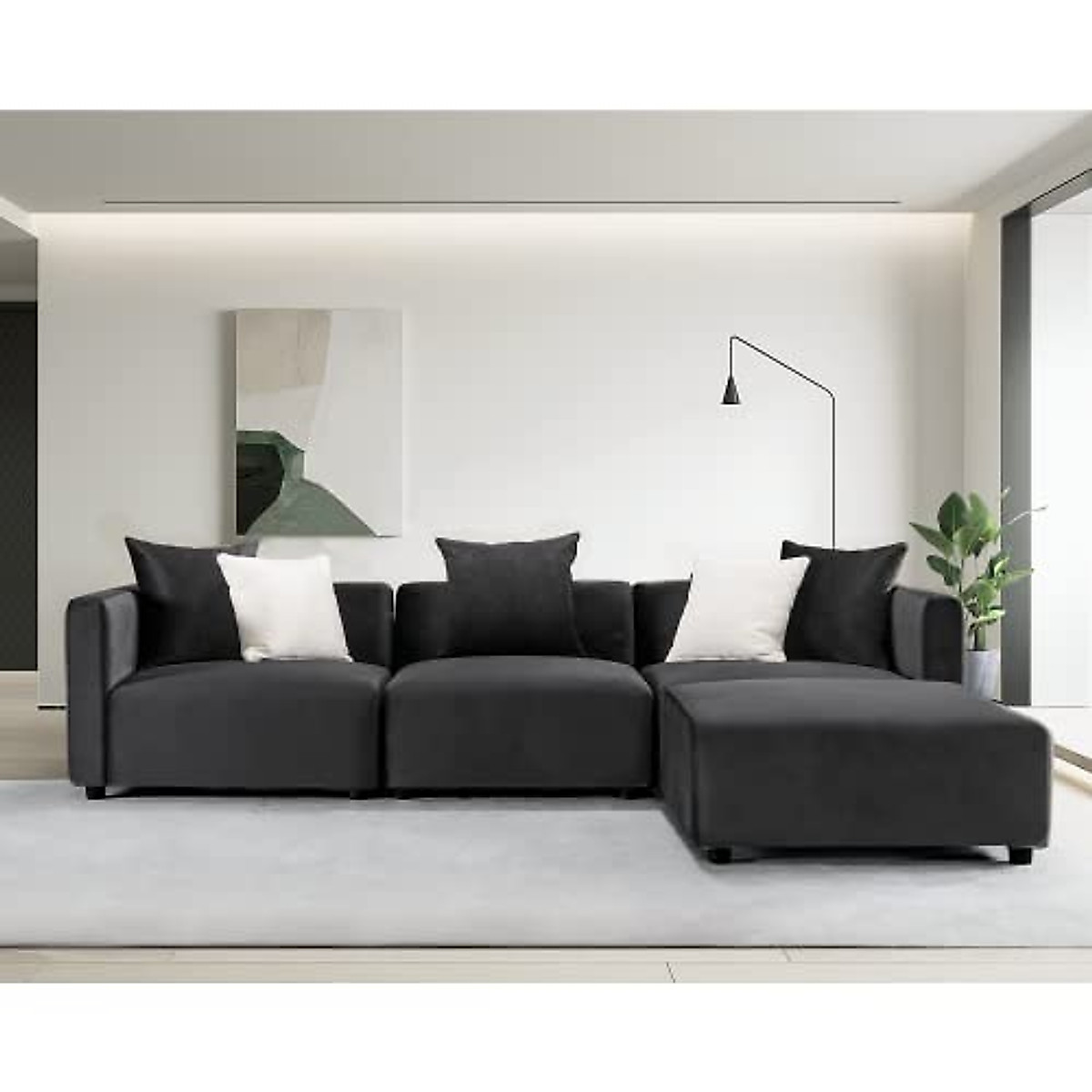 Acanva Convertible L-Shaped Modular Sectional Sofa with Reversible Chaise, Soft Velvet Fabric Padded Upholstered Couch for Living Room Apartment, 1-Seater Left Arm, Black