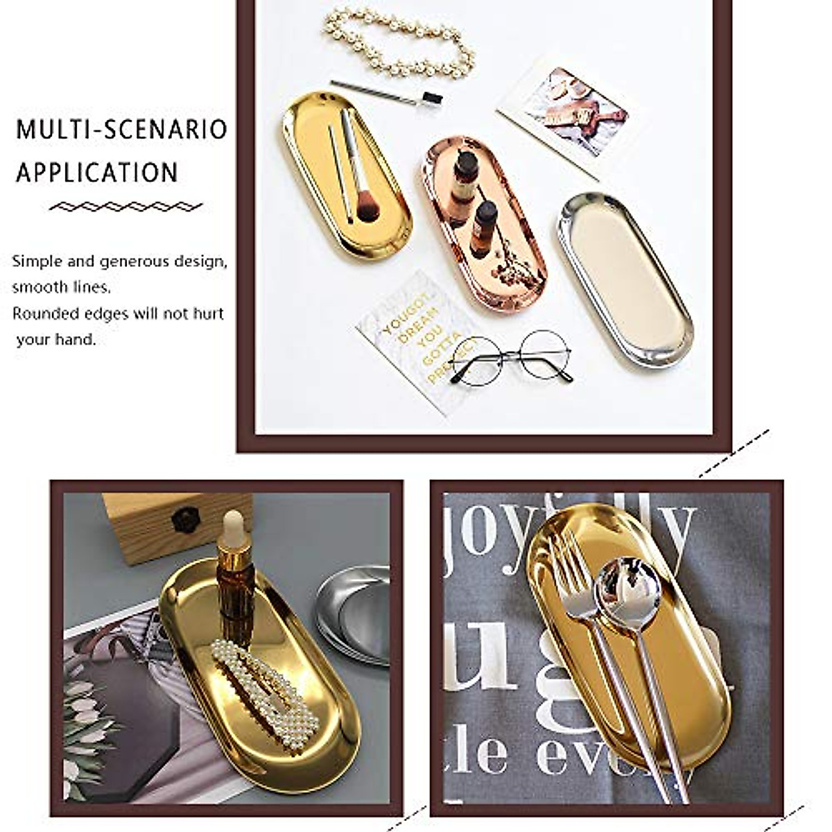 2 Pack 7.1in Stainless Steel Storage Tray, Premium Metal Organizer Plate to Hold Fruit, Tea, Cosmetics, Jewelry, Oval Stainless Steel Towel Tray for Vanity, Bathroom, Closets (Gold)