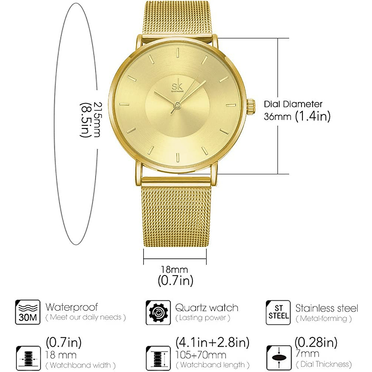 SHENGKE Simple Watches Analog Mesh Watches for Women Stainless Steel Band reloj de Mujer (K0059-GD)