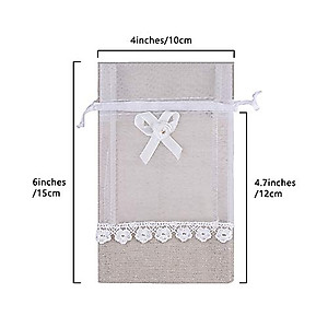 SumDirect Rose Drawstring Burlap Bags - 20pcs Lace Jute Organza Favor Gift Bags, sheer linen favor bags for Wedding