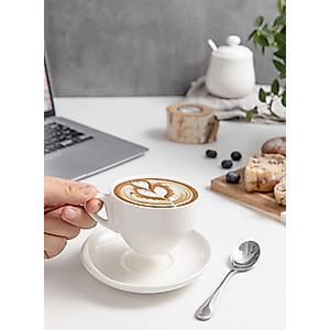 Sweese 6 Ounce Cappuccino Cups with Saucers, Porcelain Double Espresso Cups Set of 6 - White