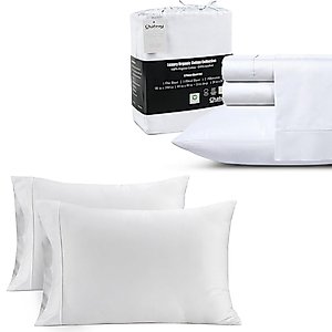 100% Organic Cotton Queen Sheet Set & Standard Pillowcases Set of 2 Combo - 300 Thread Count Long Staple Cotton Sheets,3 Pc Queen Size Sheets & Standard Pillowcases, Sateen Sheets, Breathable - White