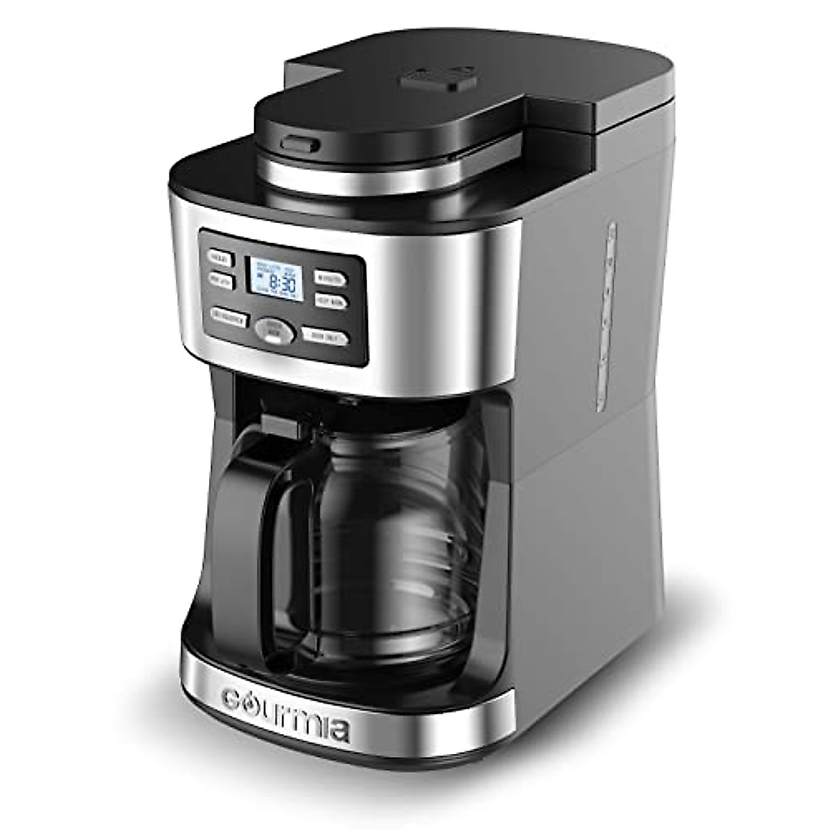 Gourmia Digital Coffee Machine 12-Cup Large coffee maker integrated Coffee Grinder & glass coffee pot with reusable stainless steel mesh coffee filter 4-Hour Keep-Warm and Freshness Indicator GCM3180