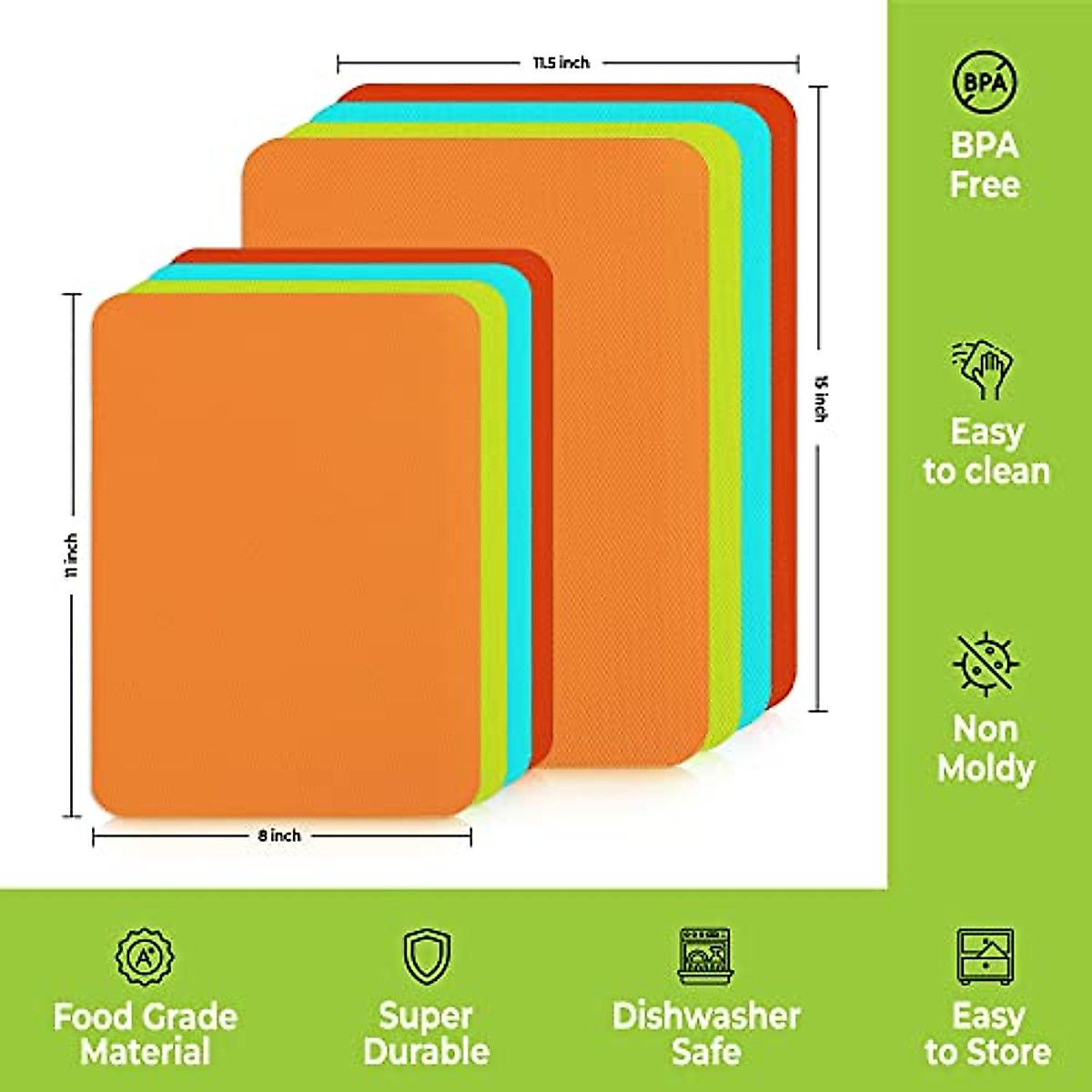 Simply Genius Plastic Cutting Boards for Kitchen - Color Coded Chopping Board Set - Flexible Cutting Mats for Meat & Vegetables - Dishwasher Safe, Non-Slip, BPA Free (8-Pack Multicolor, Mixed Size)