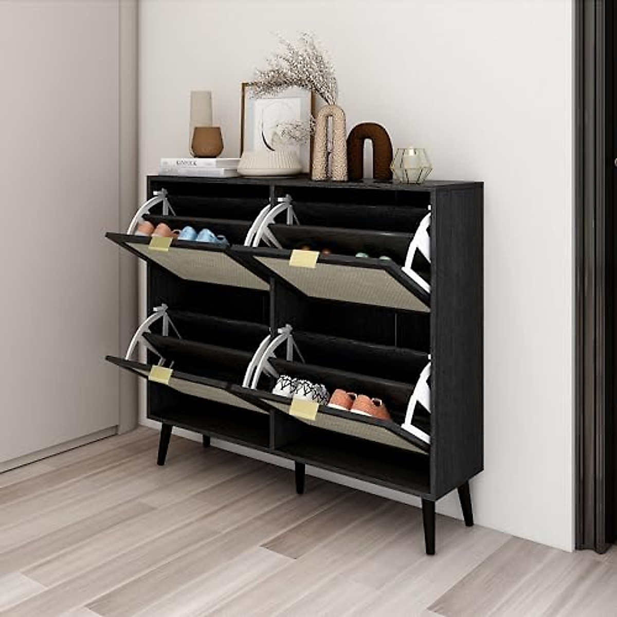 ZeHuoGe Large Rattan Shoe Cabinet with 4 Flip Drawers, Black 2-Tier Shoe Rack Boho Storage Cabinet for Heels, Boots, Slippers, Free Standing Shoe Rack, Entrance Hallway (Black)