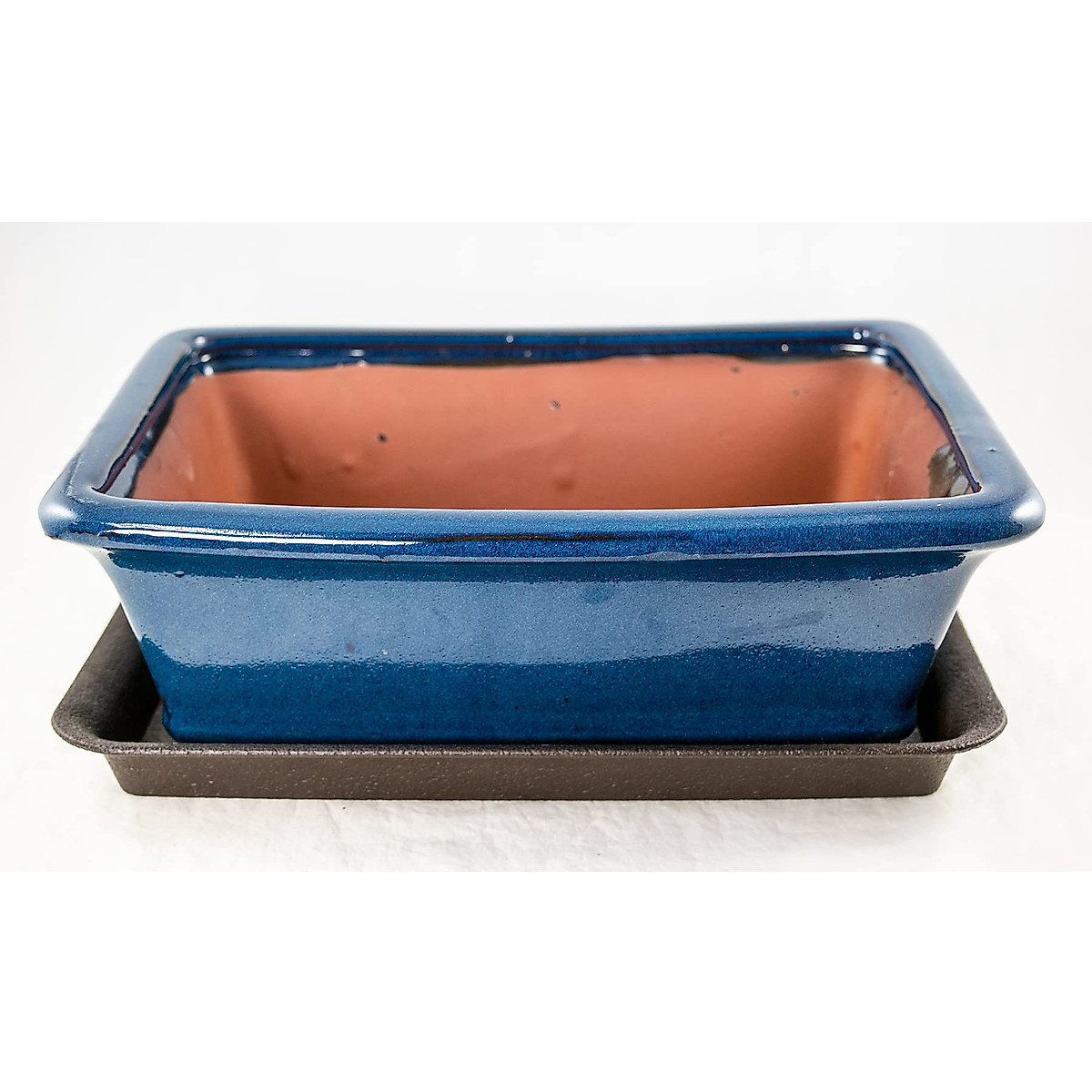Calibonsai Rectangular Glazed Bonsai Pot, Cactus & Succulent Planter + Tray + Mesh 12 x 9 x 4 - Dark Blue Stain
