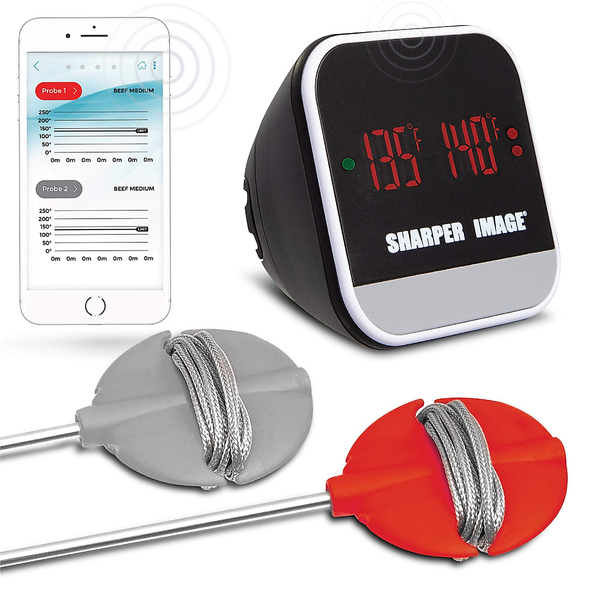 SHARPER IMAGE Bluetooth Smartphone Grill Thermometer, iOS/Android Capability W/App, Meat Probes Plus Pairing Indicator Ensure Doneness, Easy Read Digital Display, Heat Resistant, Great for BBQs/Oven