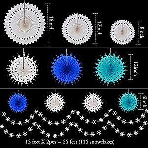 Decor365 Ice Blue Snowflake Party Decorations White Hanging Paper Fans Decor Snowflakes Garlands Backdrop Banner Streamers for Winter Wonderland Birthday/Christmas/Baby Shower/Wedding/Kids Room
