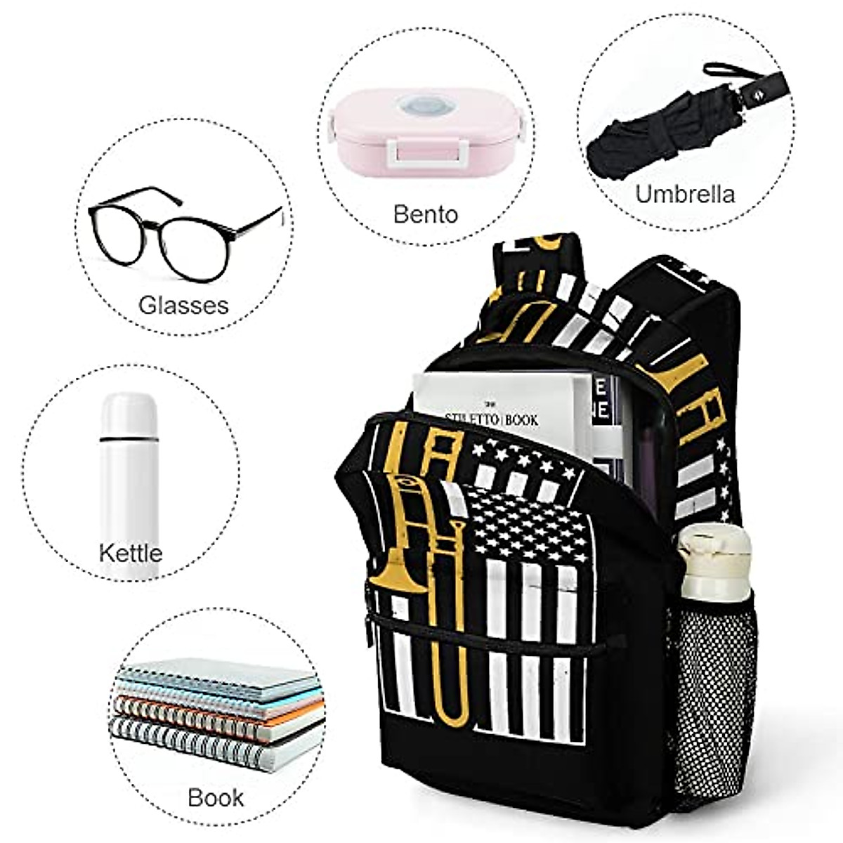 United States Flag Trombone Laptop & Tablet Backpack Study Hall Shoulder Bag Travel Daypack