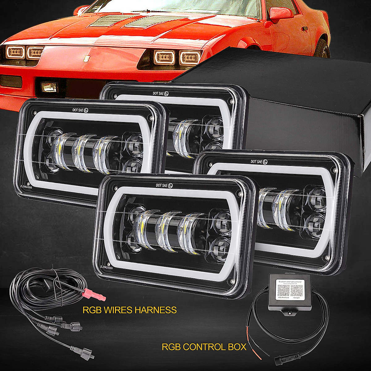 SEUYA 4x6 LED Headlights with RGB Halo Ring Music Mode Replacement H4651 H4652 H4656 H6545 Truck Chevrolet Kenworth Oldsmobile Ford Peterbilt