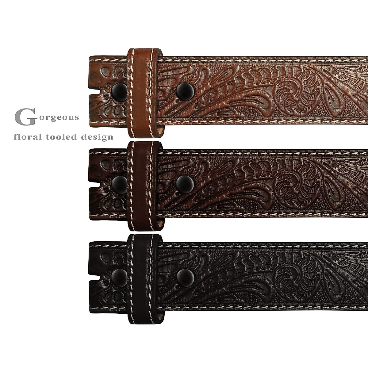Engraved Tooled Leather Genuine Full Grain Western Floral Belt Strap 1-1/2" Wide (Black, 38)