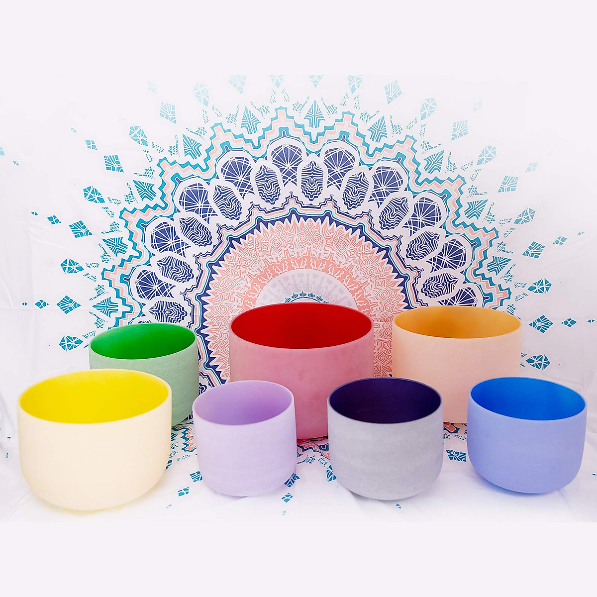 7"-12" 432Hz Chakra Tuned Set of 7 Colored Frosted Quartz Crystal Singing Bowl
