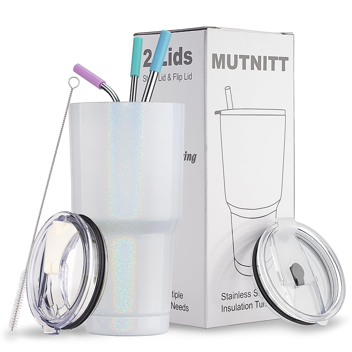 30 oz Tumbler with Lids and Straws,18/8 Stainless Steel Vacuum Insulated Tumbler,Insulated Coffee Mug Water Cup with Leak-Proof Straw Lid & Flip Lid,3 Metal Straws,1 Cleaning Brush(Sparkle White)