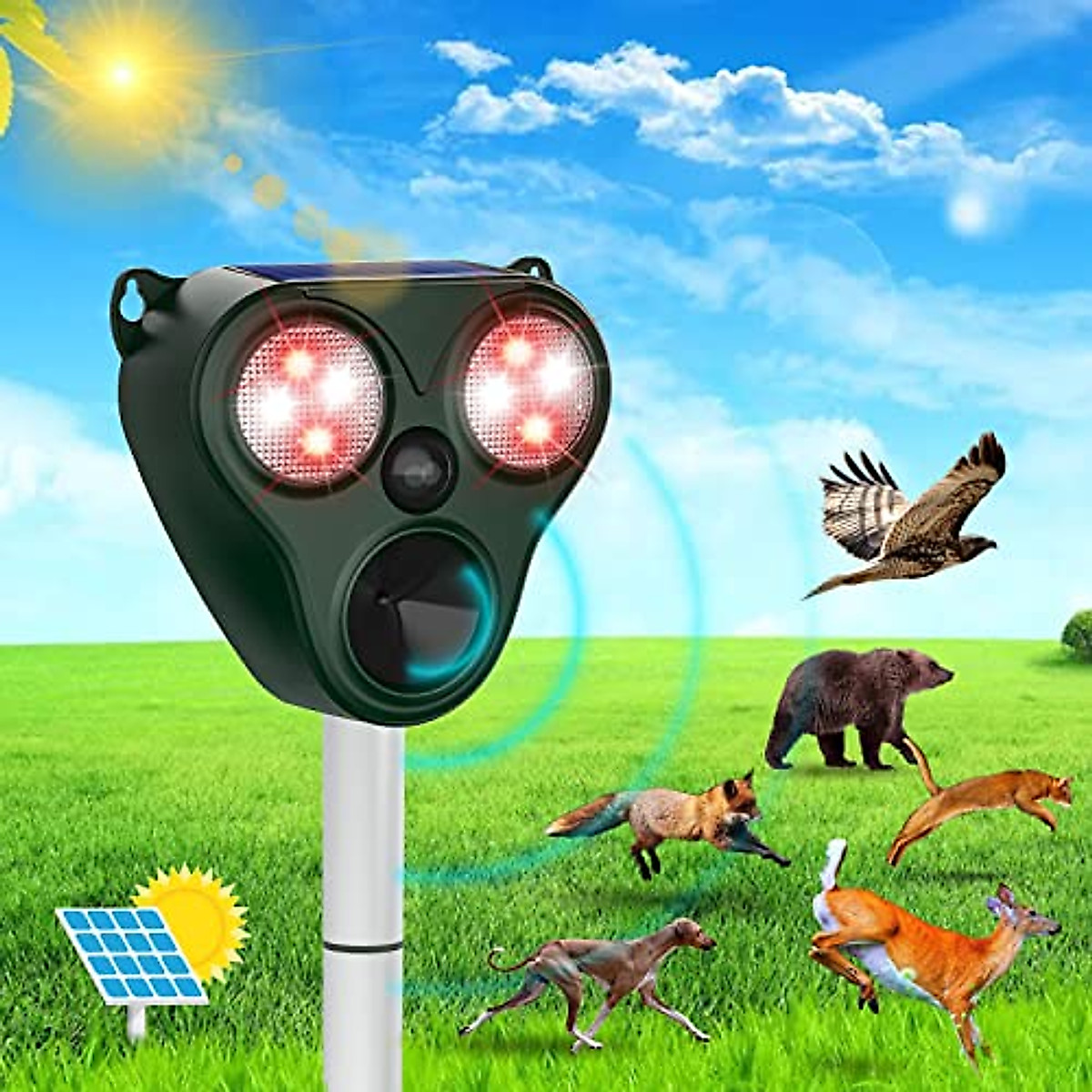 Jahy2Tech Solar Ultrasonic Animal Repeller,PIR Sensor with Trigger Alarms and Flashes for Rat, Dog, Cat, Squirrel, Raccoon, Skunk, Rabbit, Mole, Snake, Deer Sensor Repellent, Waterproof