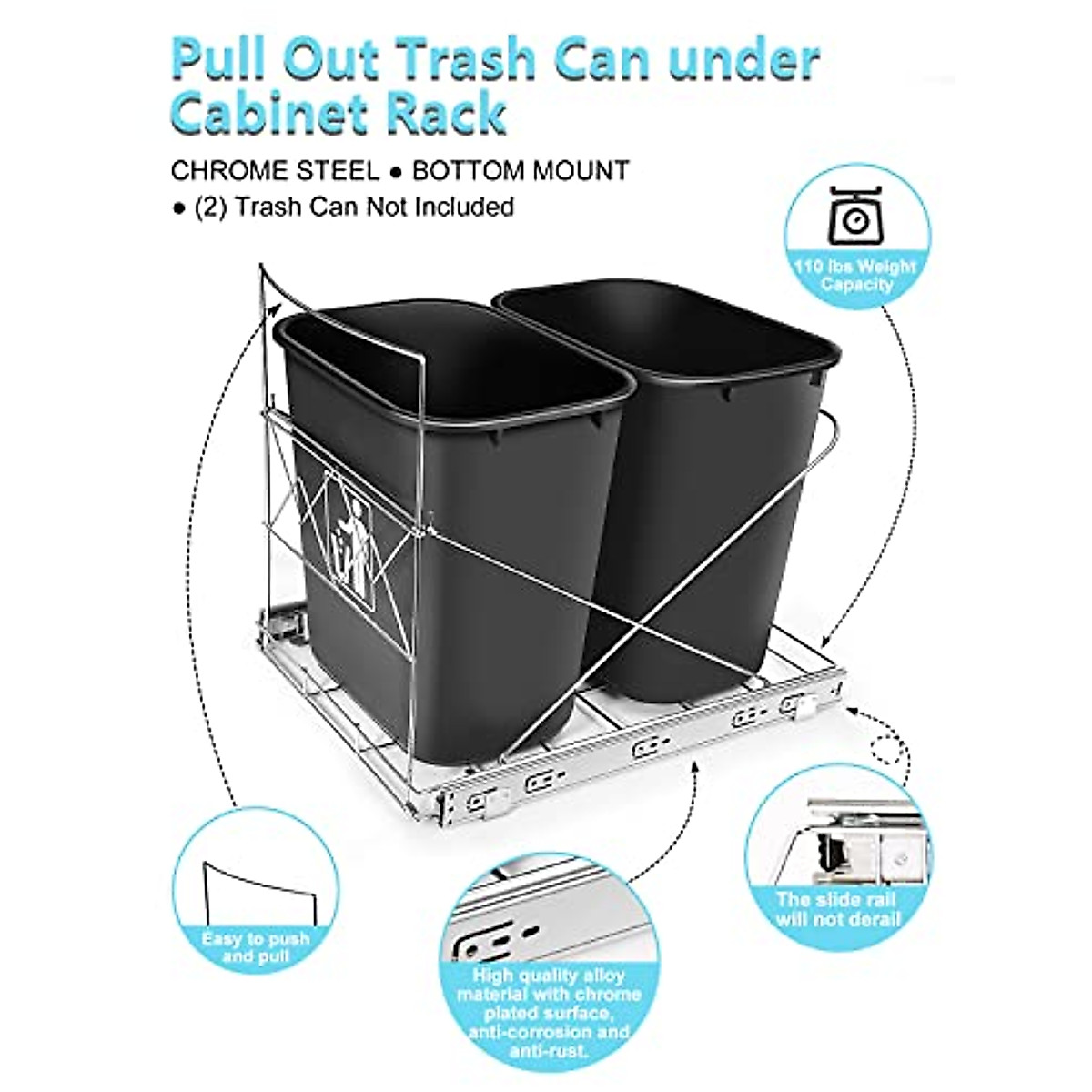 Double 35-Quart Pull-Out Trash Can Under Cabinet, Sliding Cabinet Trash Can Pull Out Kit for 18-Inch Wide Cabinets, Slide-Out Dual Trash Can Rack for Kitchen Cabinets, Garbage Can Not Included