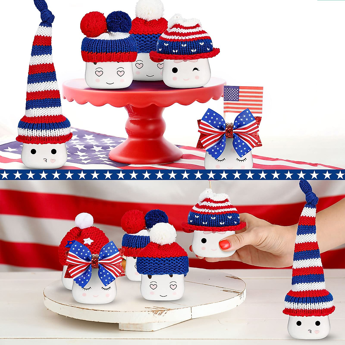 6 Pieces 4th of July Marshmallow Mug Hat Crochet Independence Day Mug Topper Hat Knitted Cup Head Mug Set Mini Marshmallow Mug Topper Decorative Mug Hat Cover for Coffee Mug Tiered Tray Decor