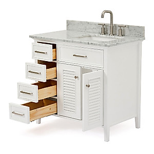 ARIEL Kensington Bathroom Vanity 37" Inch in White with Carrara White Marble Countertop, Right Offset Rectangular Sink, 2 Soft Closing Doors and 4 Full Extension Dovetail Drawers