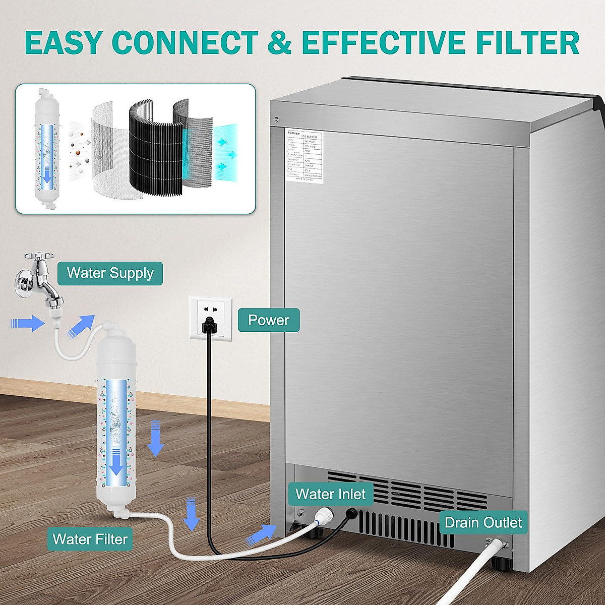 RAPSUAR Commercial Ice Maker Machine, 150Lbs/24H with 45Lbs Large Ice Capacity, 55Pcs Clear Ice Cubes Ready in 8-15Mins, Freestanding Stainless Steel Ice Making Machine for Home Party Bar