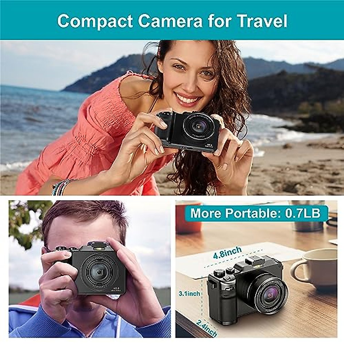 Camera for Photography, 4K Digital Camera Anti-Shake 48MP Compact Video Camera with 18X Digital Zoom, Travel Autofocus WiFi Vlogging Camera Point and Shoot Camera with 32GB TF Card, 2 Batteries