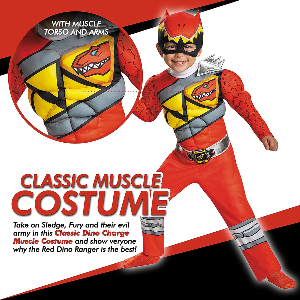 Red Power Rangers Costume for Toddlers. Official Licensed Red Ranger Dino Charge Classic Muscle Power Ranger Suit with Mask for Boys & Girls, Large (4-6)