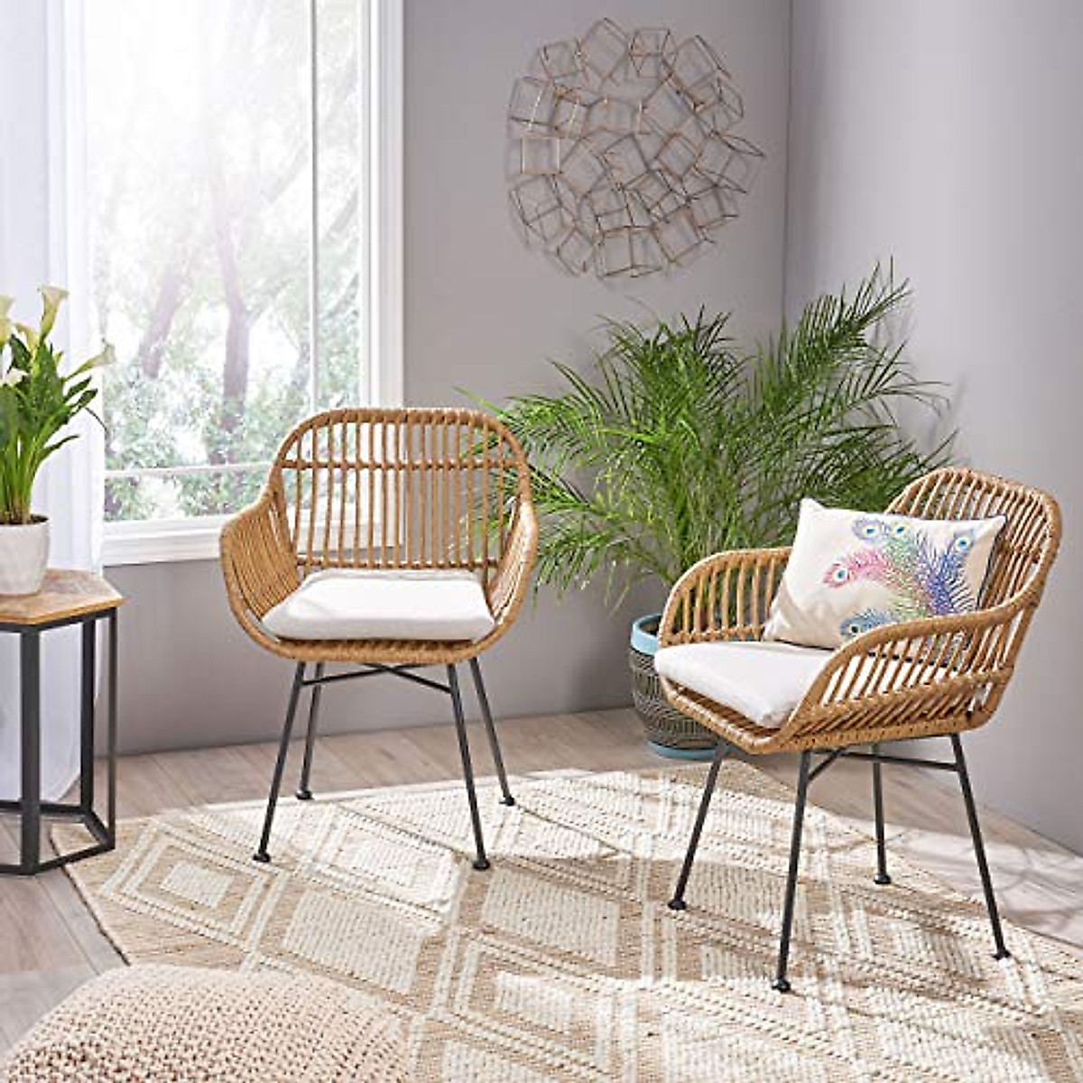 Christopher Knight Home Rodney Indoor Woven Faux Rattan Chairs with Cushions (Set of 2), Light Brown and Beige Finish