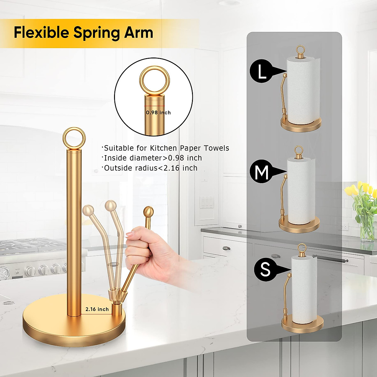 Paper Towel Holder Stainless Steel - One Hand Tear Paper Towel Dispenser Standing Weighted Base Non Slip, Spring Arm, Stainless Steel Paper Towel fits in Kitchen Bathroom Countertop (Gold)