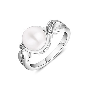 JO WISDOM Pearl Ring,925 Sterling Silver Infinity Cubic Zirconia Women's Rings with 9mm White Freshwater Cultured Pearl Ring size 5