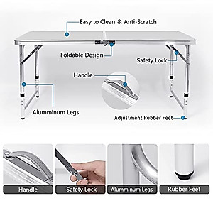 Moosinily Folding Camping Table, 4 Ft Aluminum Folding Table, Picnic tablee with Handle, Adjustable Portable Camp Table for Picnic, BBQ, Party, Beach/White
