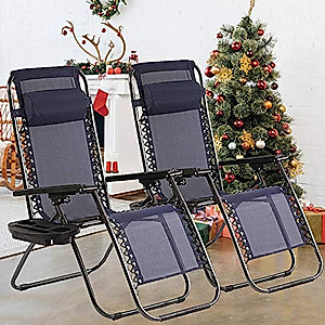 Zero Gravity Chair, Outdoor Folding Adjustable Lounge Chair Chaise 250Lbs Weight Capacity Recliner with Cup Holder Tray and Pillows for Patio, Pool, Beach, Lawn, Deck, Yard - Set of 2 - Blue
