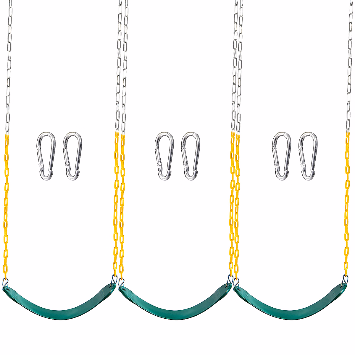 TURFEE 3 Pack Green Swing Seats Heavy Duty with 66" Chain, Swing Set Accessories Replacement with Snap Hooks for Kids Outdoor Play Playground, Trees, Backyard (Limit 300lb)