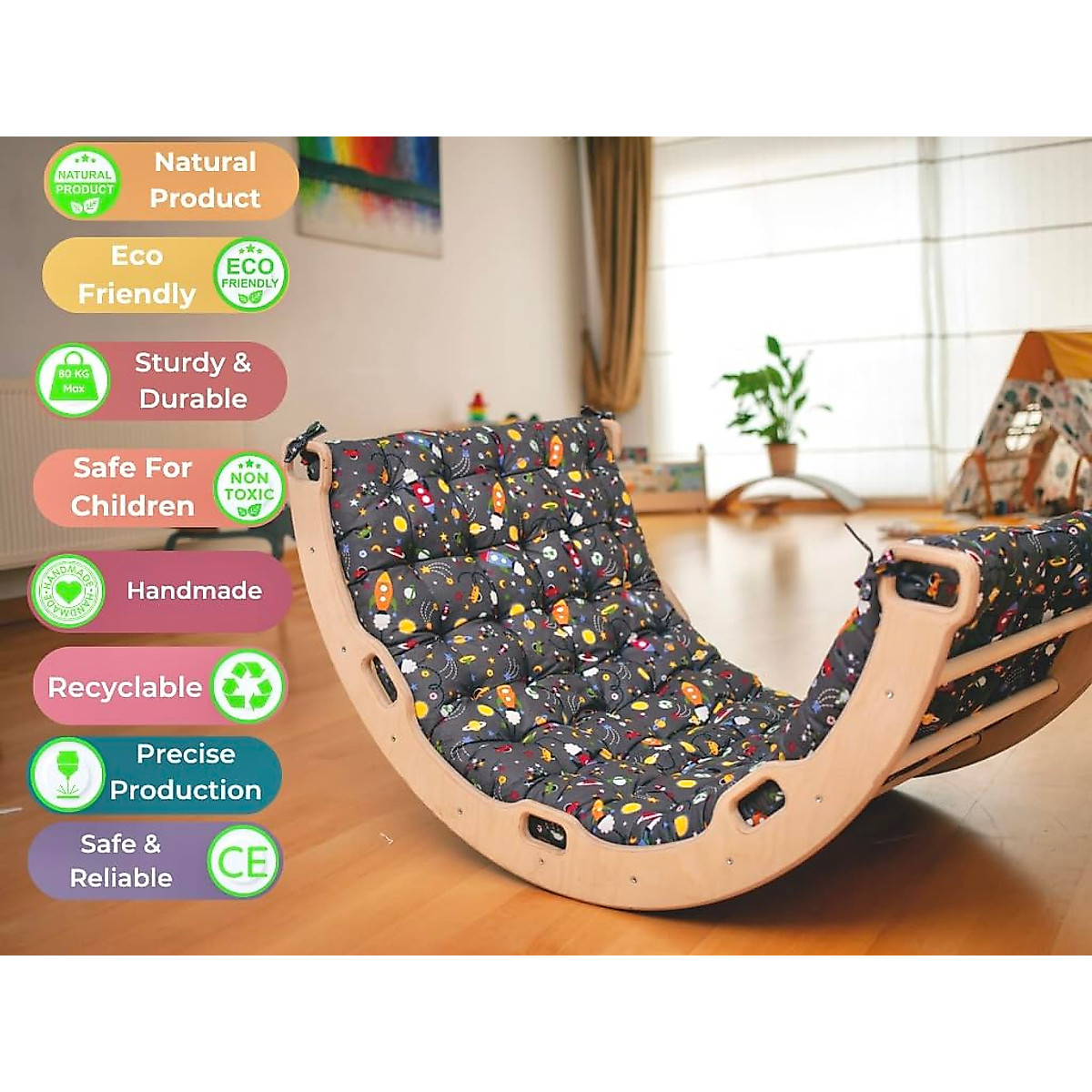 Montessori Wooden Climbing Frames | Indoor Wood Montessori Climbing Set with Ramp & Cushion| Montessori Rocker for Kids with Pillow | Montessori Playground Climbing Set with Rockwall Ramp (Space)