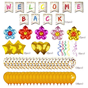 Welcome Back Sign Banner Decoration Kit Including Welcome Back Banner Flower Star Heart Shape Balloons Gold Confetti Glitter Balloons and Hanging Swirls for Home, School, Office Party Decor Supplies