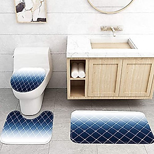 LQCOOL 4Pcs Navy Blue Shower Curtain Set White Blue Gradient Bathroom Shower Curtain Set with Rugs Water Repellent White Bathroom Decor Waterproof Fabric Shower Curtain Set with Rugs