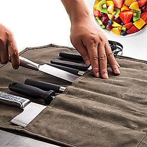 Generic 7 Slots Knife Bags for Chefs Professional, Waterproof Chef Roll Bag, Travel Canvas Carrying Case with Adjustable Strap, 22*18in, khaki, 888002